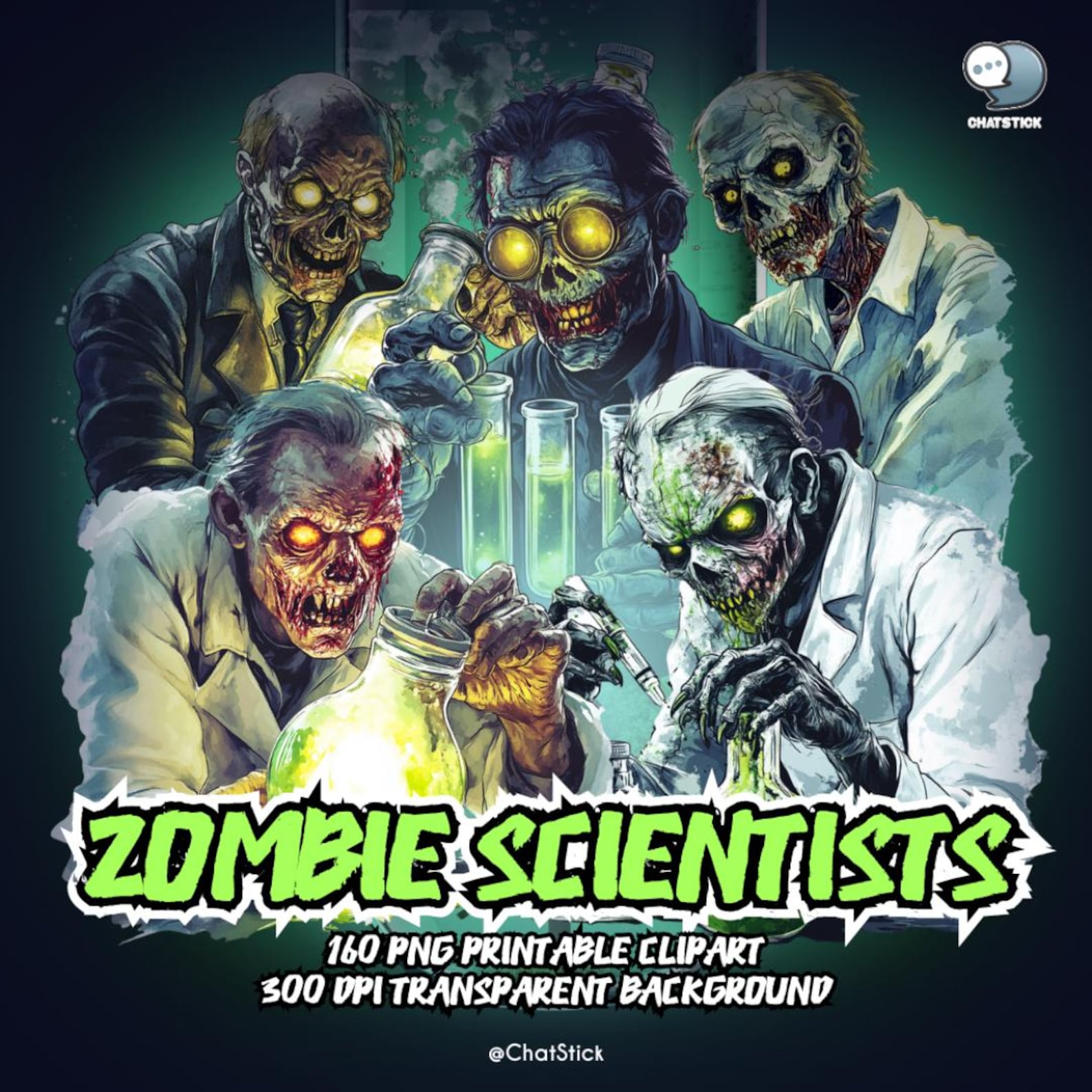 160 Zombie Scientist Clipart Bundle – Undead Lab Coat Characters ...