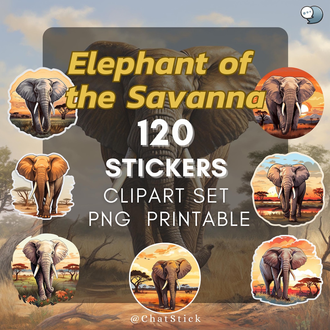 Majestic Elephant of the Savanna Digital Sticker Pack - 120 Wildlife ...