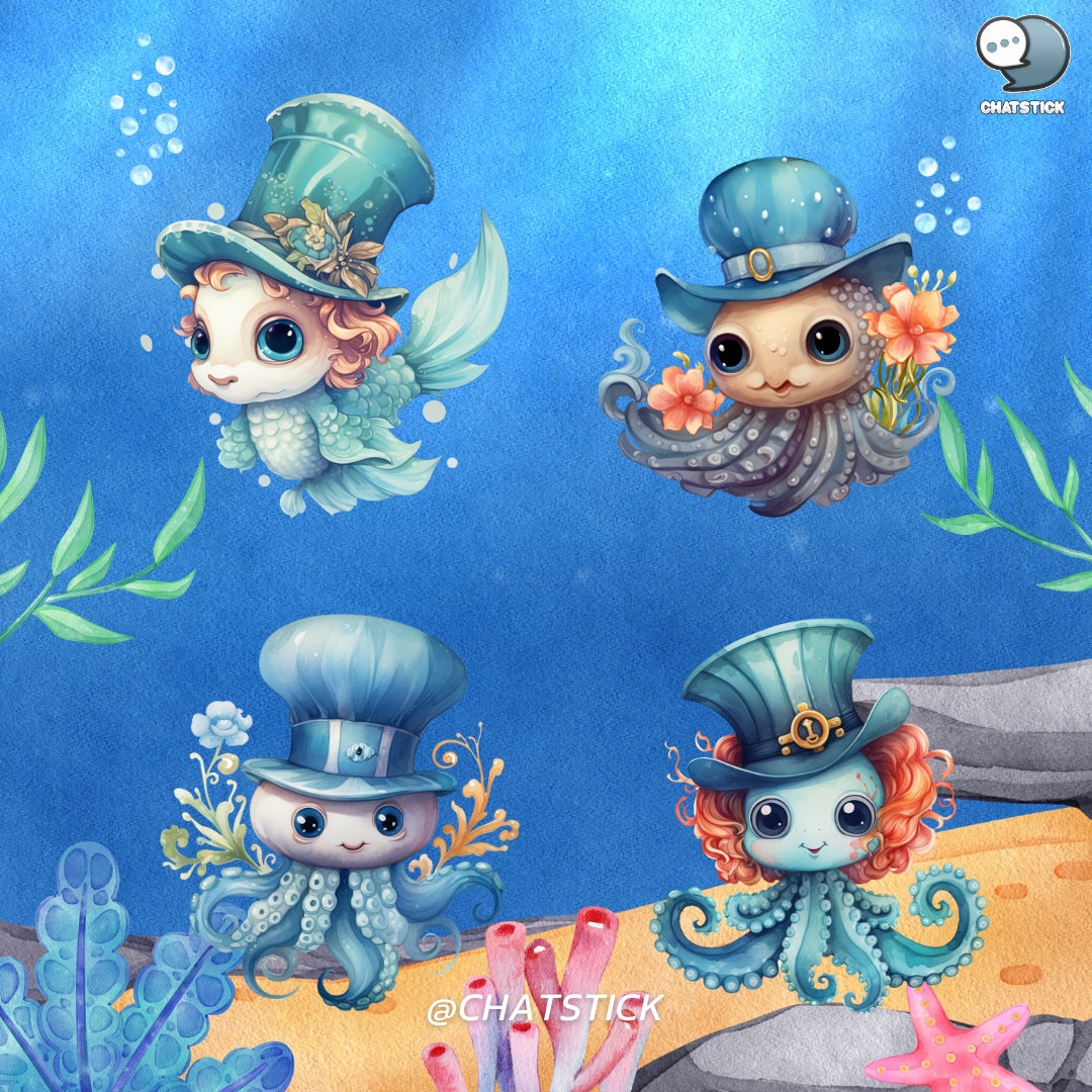 Victorian Cute Sea Animals Watercolor Clipart Mega Pack 120 PNG Images ...