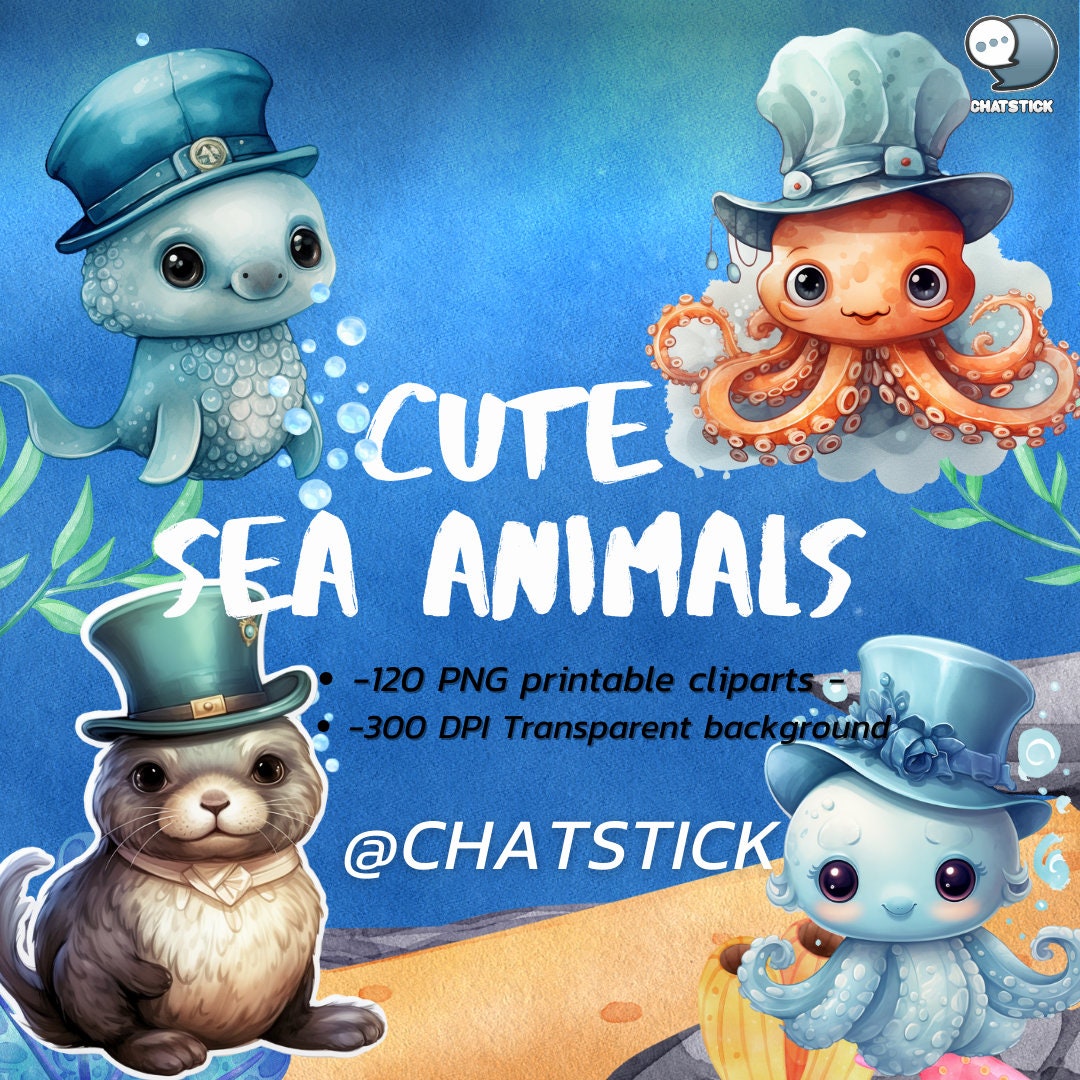 Victorian Cute Sea Animals Watercolor Clipart Mega Pack 120 PNG Images ...