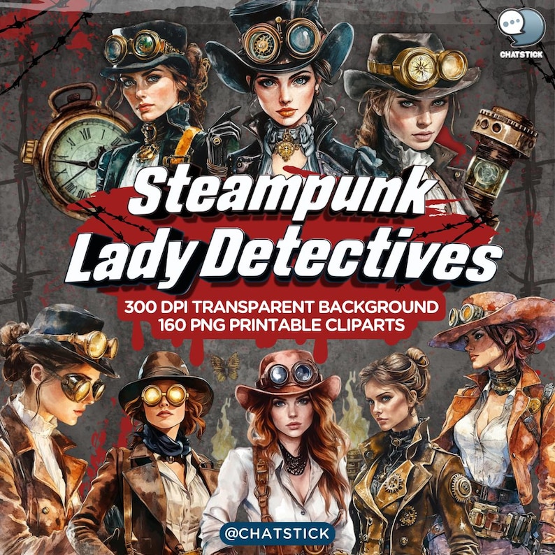 Steampunk Lady Detectives Clipart | 160 PNG Victorian Detective ...