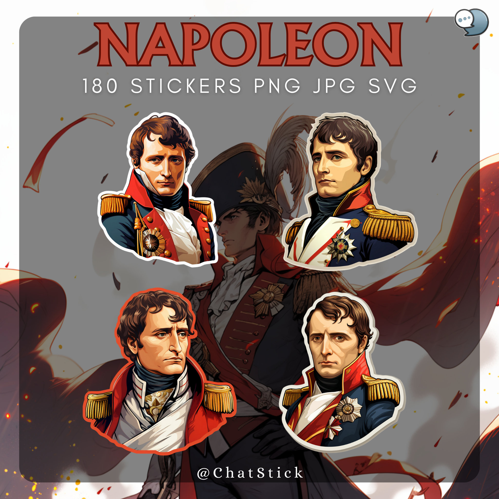 180 Napoleon Bonaparte Digital Stickers Clipart Pack Historical Icon in ...