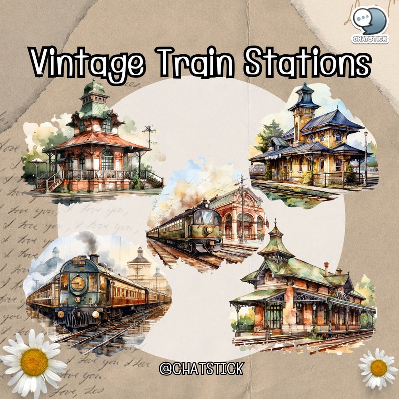 Vintage Train Stations Watercolor Clipart Mega Pack - 120 PNG Prints ...
