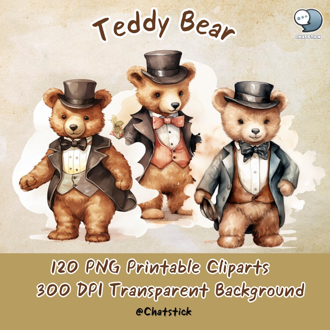 120 Victorian Watercolor Teddy Bear Digital Clipart Pack - PNG ...