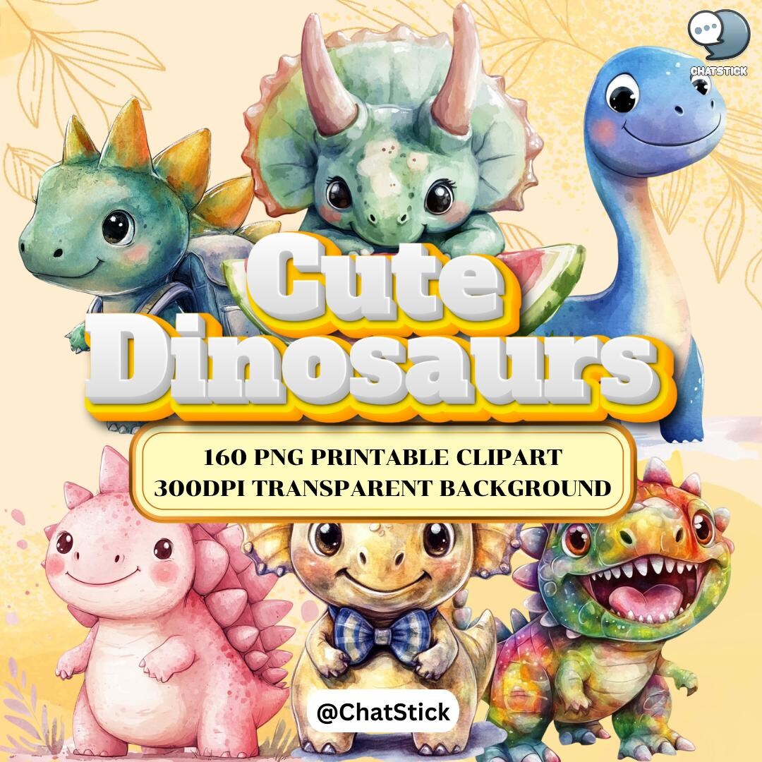 Cute Dinosaurs Clipart - 160 PNG Watercolor Dino Art for Kids ...
