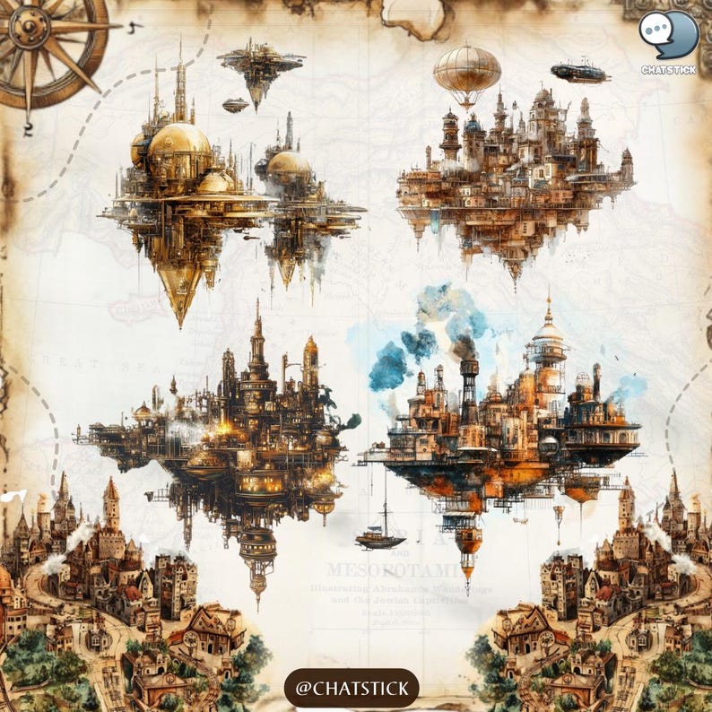 Steampunk Adventure Maps Clipart Bundle - 160 PNG Victorian Steampunk ...