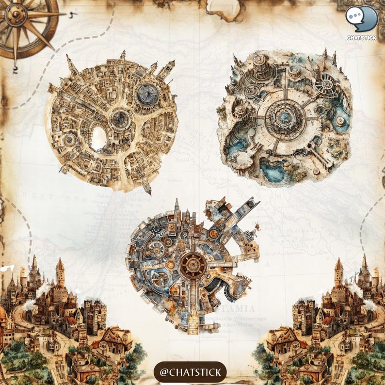 Steampunk Adventure Maps Clipart Bundle - 160 PNG Victorian Steampunk ...