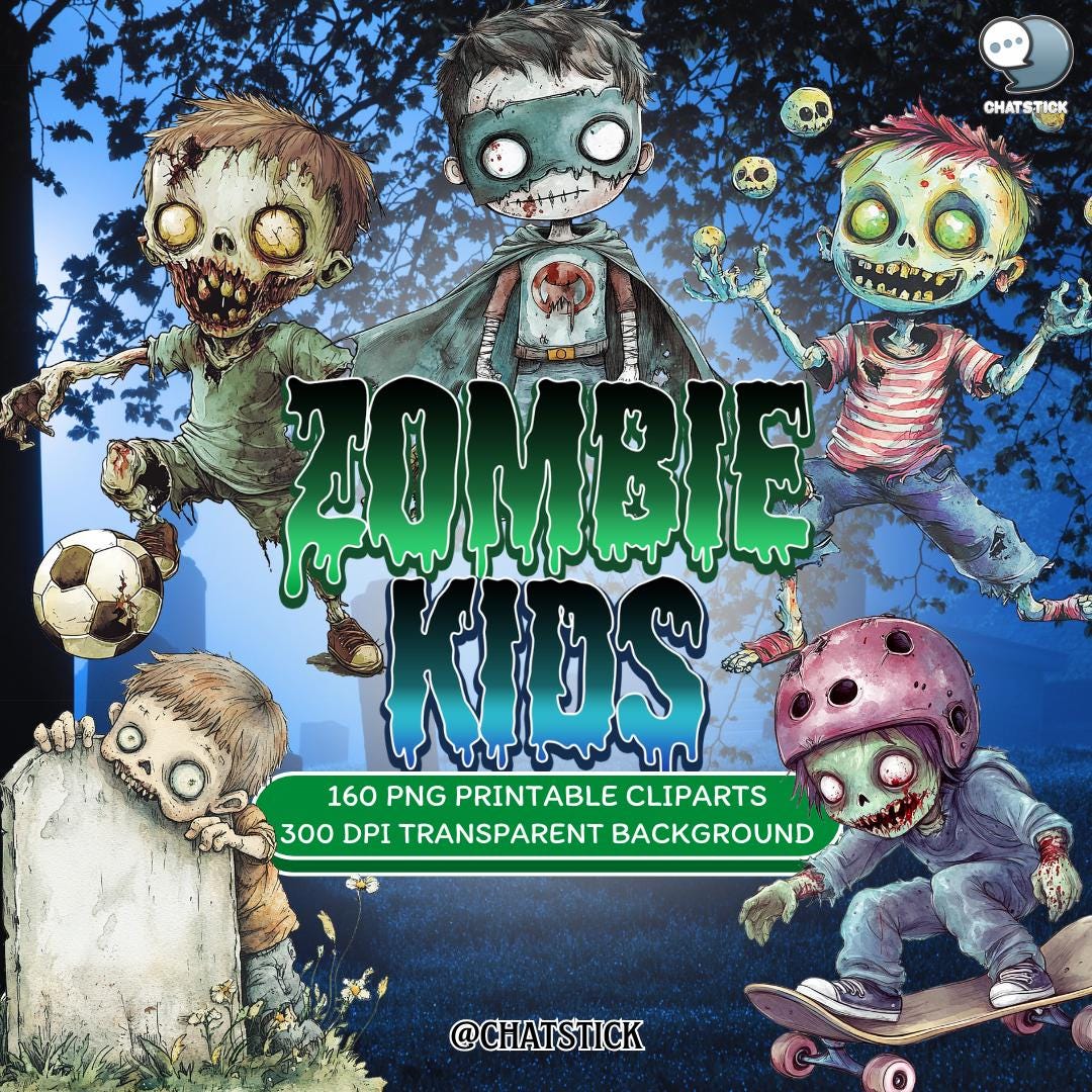 Zombie Kids Clipart Bundle - 160 Playful Spooky Undead Children ...