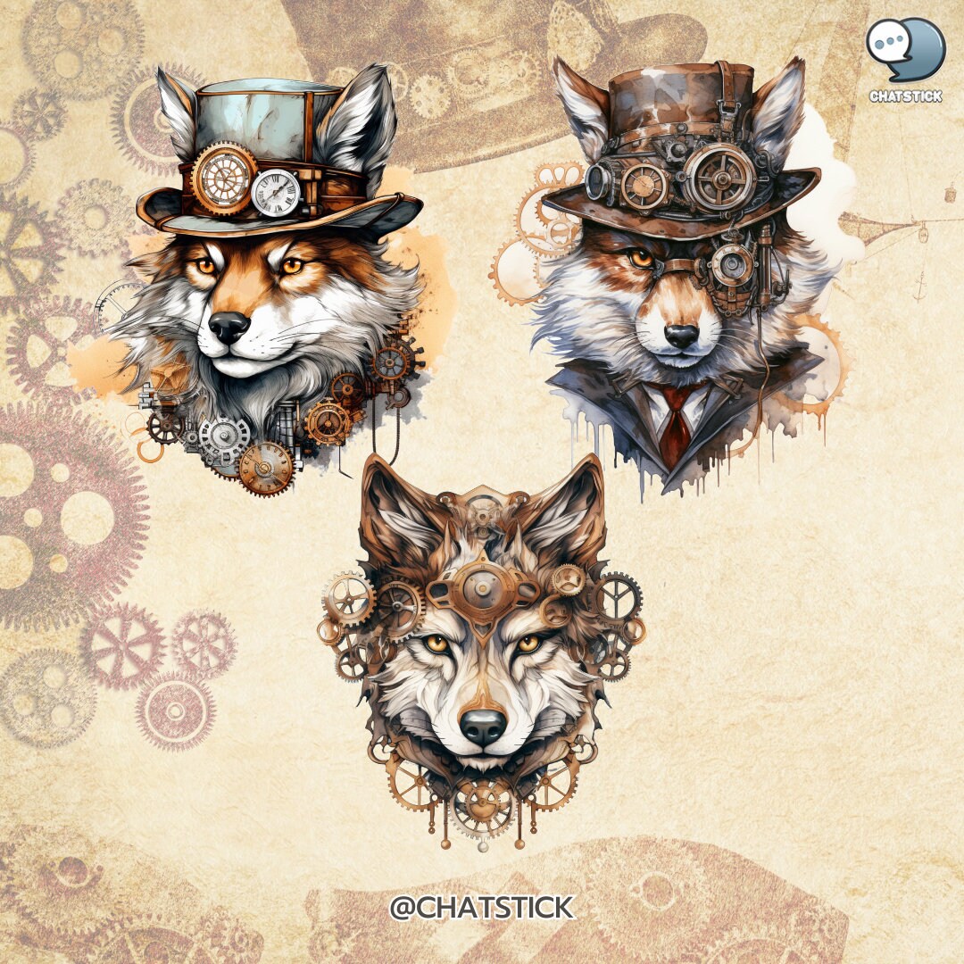 Steampunk Wolves Digital Clipart Pack - 180 Watercolor Wolf Pngs ...