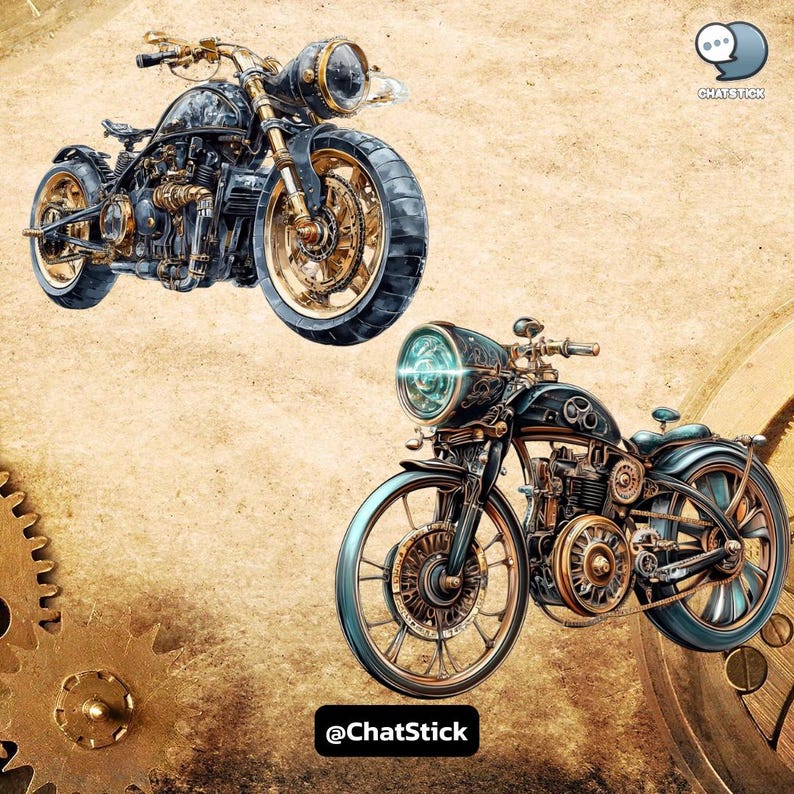 Steampunk Motorcycles Clipart Bundle - 160 Vintage Sci-fi Biker Pngs ...