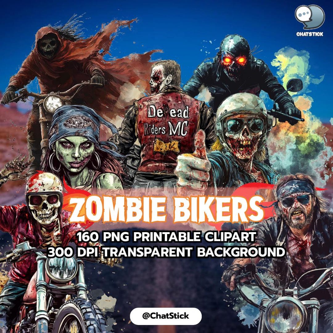 160 Zombie Bikers Clipart Bundle, Zombies on Motorcycles PNG, Halloween ...