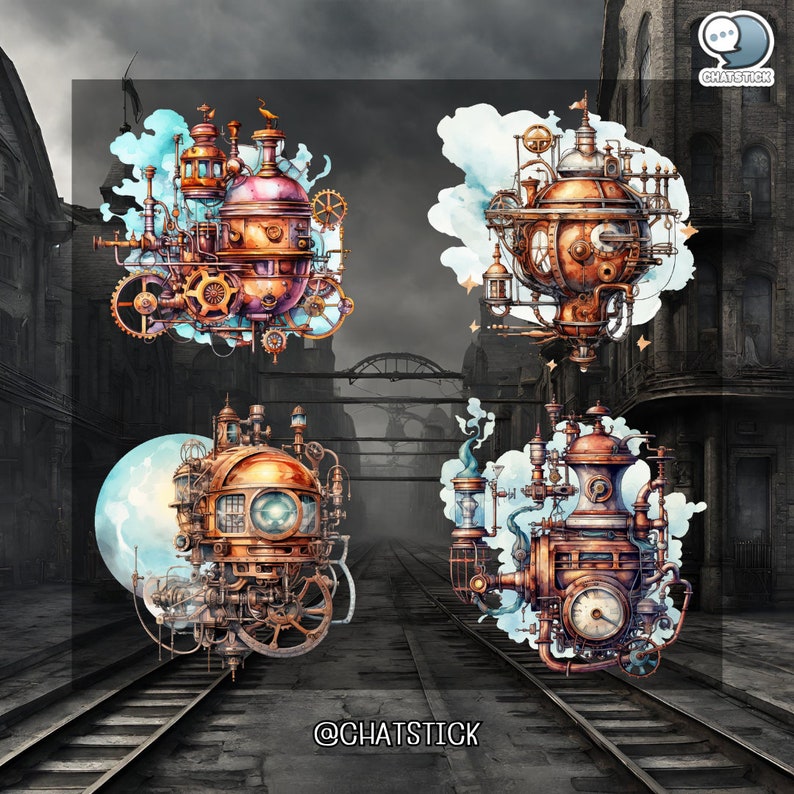 Victorian Steampunk Inventions Mega Pack: 180 Watercolor Clipart, High ...