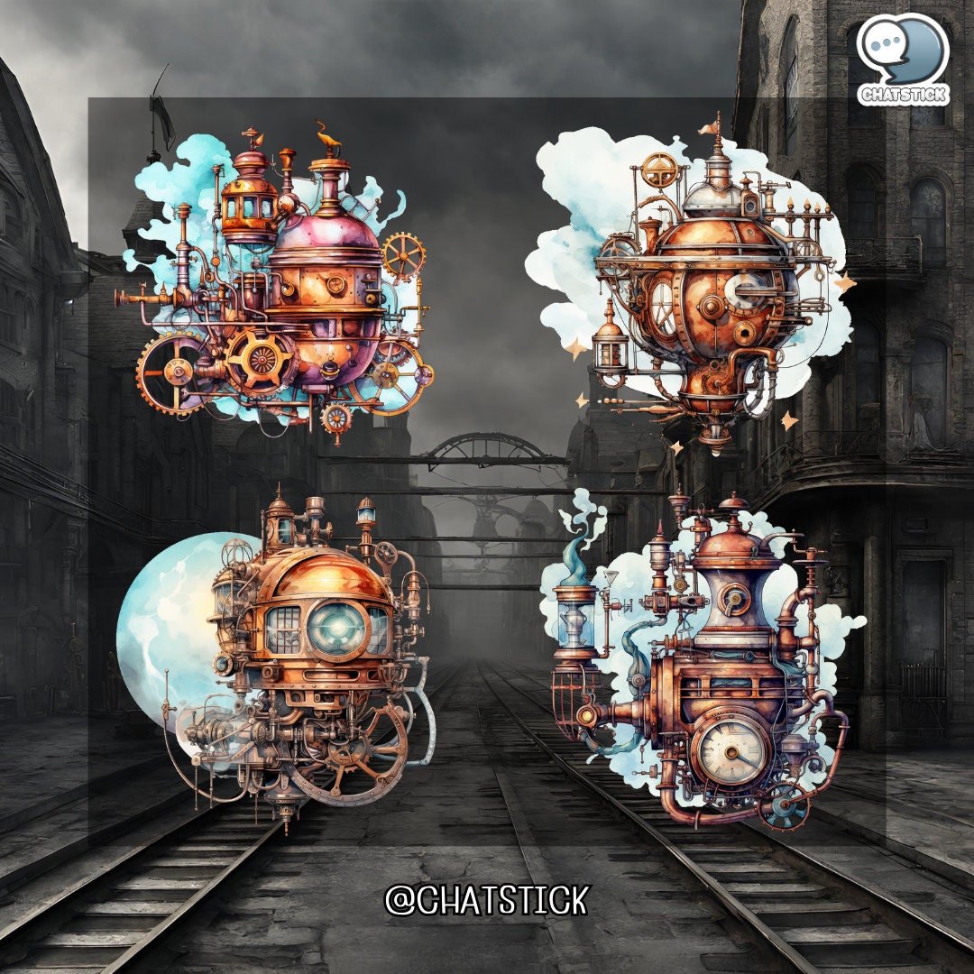 Victorian Steampunk Inventions Mega Pack: 180 Watercolor Clipart, High ...