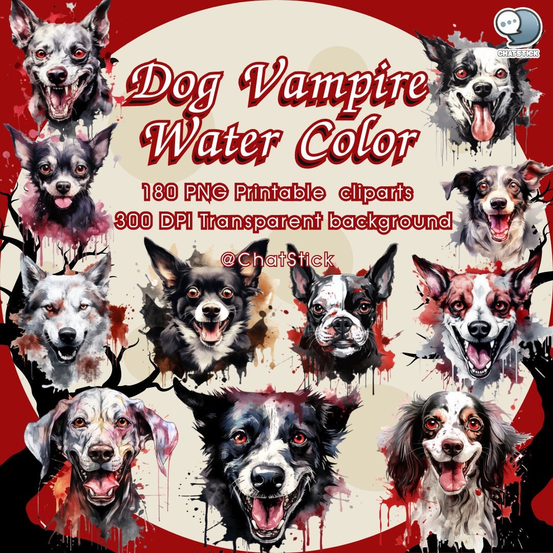Dog Vampire Watercolor Clipart Pack - 180 PNG Printable, Transparent ...