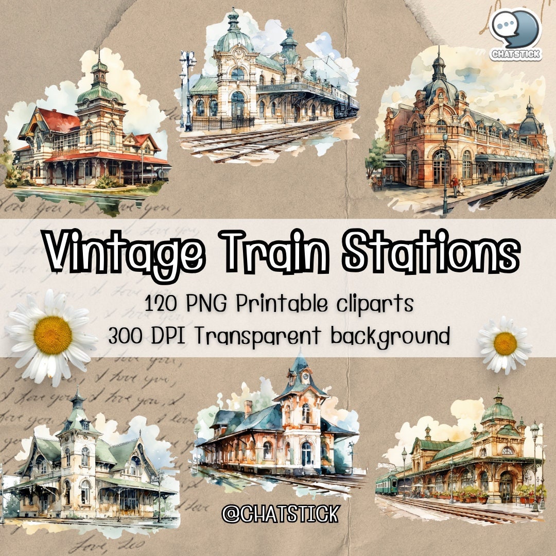 Vintage Train Stations Watercolor Clipart Mega Pack - 120 PNG Prints ...