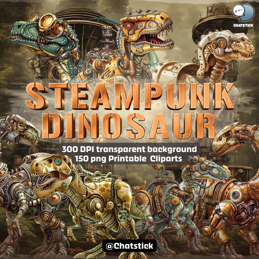 Steampunk Dinosaur Clipart Bundle - 150 Printable Pngs, 3200x3200px ...