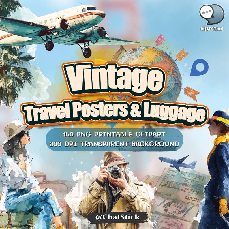 160 Vintage Travel Posters & Luggage PNG Clipart Bundle - Retro Travel ...