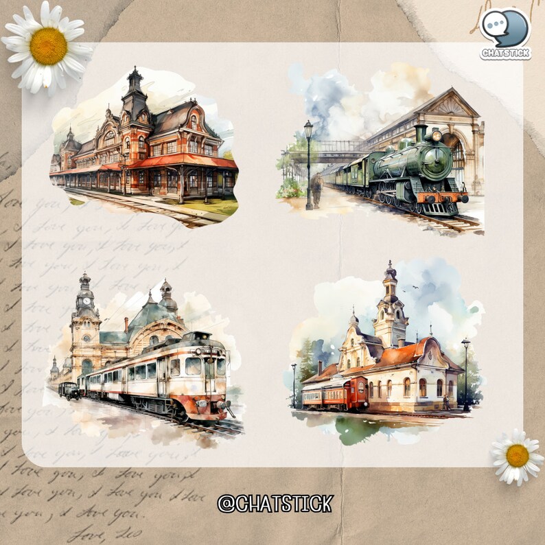 Vintage Train Stations Watercolor Clipart Mega Pack - 120 PNG Prints ...