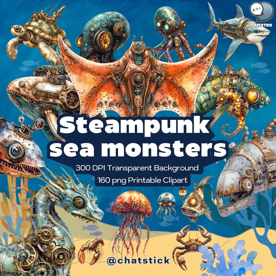 Steampunk Creatures of the Deep Clipart Bundle - 160 PNG Digital Images ...