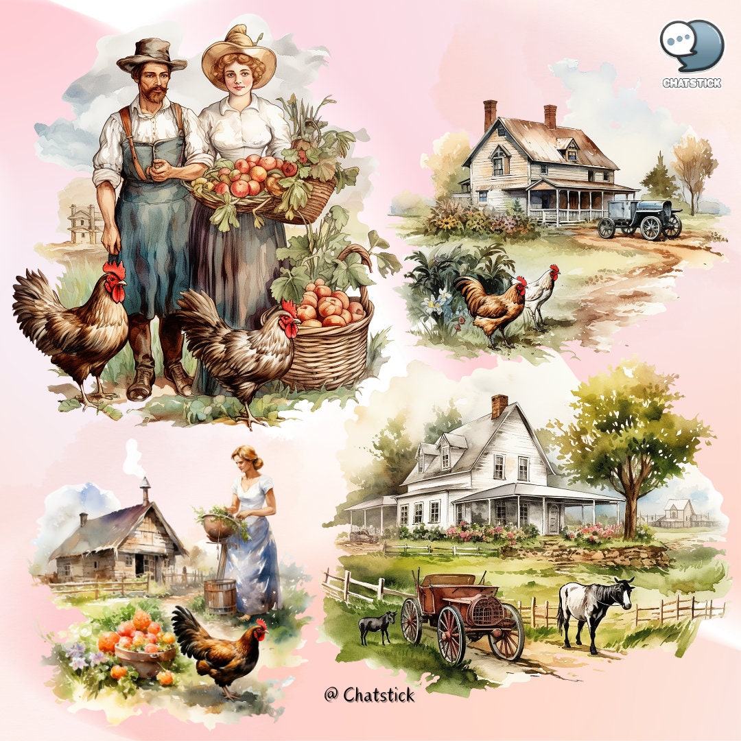 Farmhouse Clipart Bundle: Vintage Farmlife Watercolor Mega Pack - 120 ...