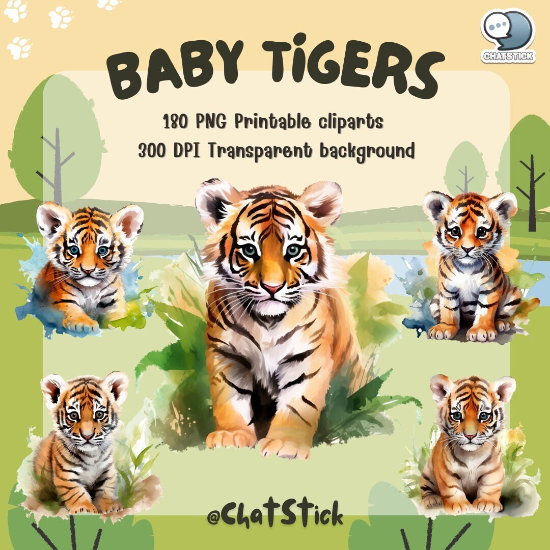 180 Baby Tigers Watercolor Clipart Mega Pack - Cute PNG Printable Baby ...