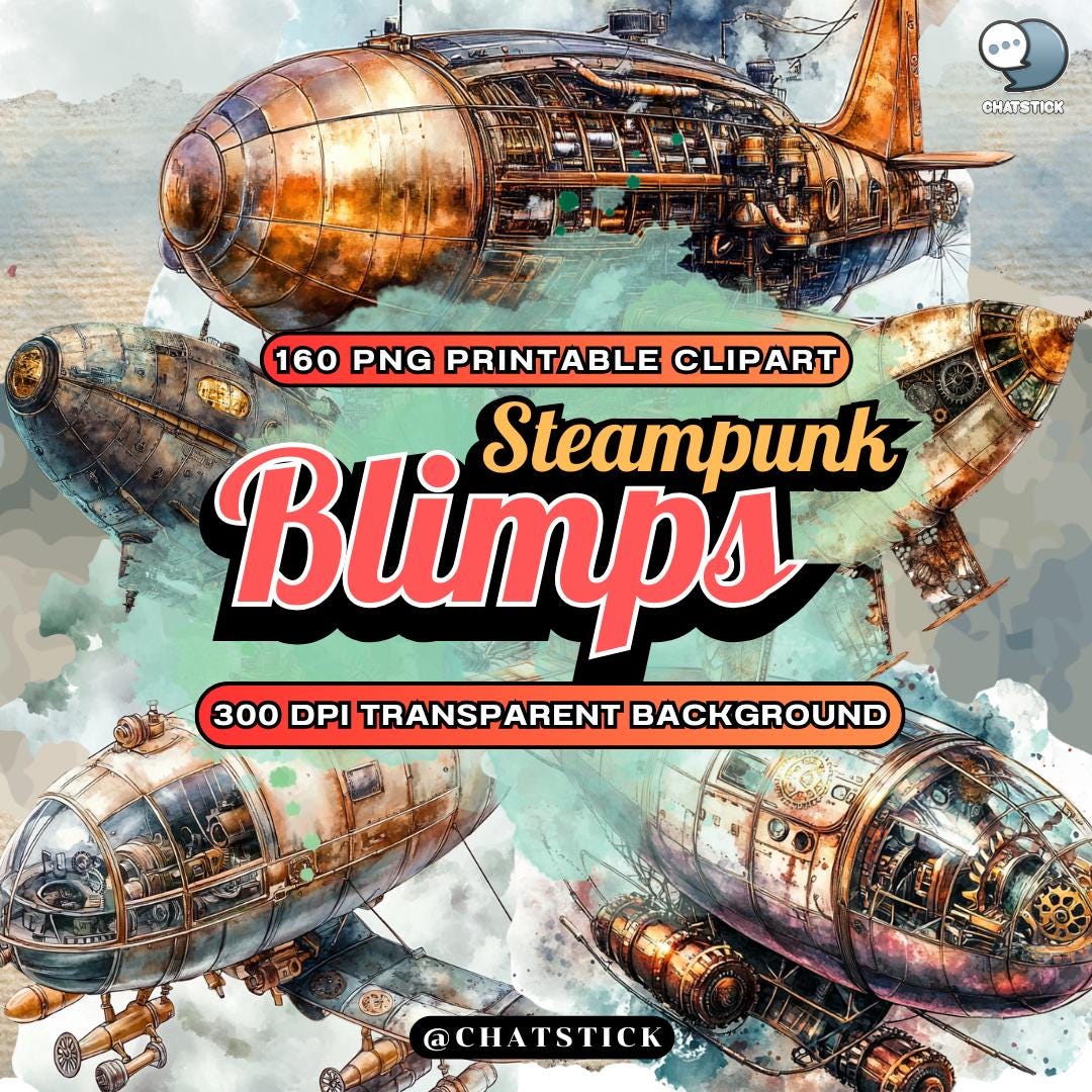 Steampunk Blimps Clipart - 160 Vintage Airships PNG, Retro Flying ...