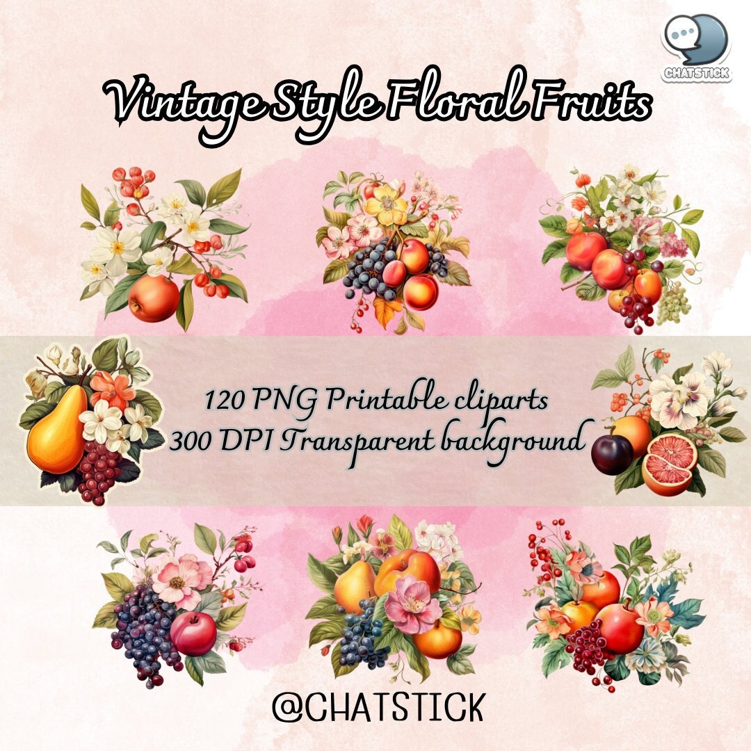 Victorian Vintage Floral & Fruit Clipart Mega Pack - 140 High-quality ...
