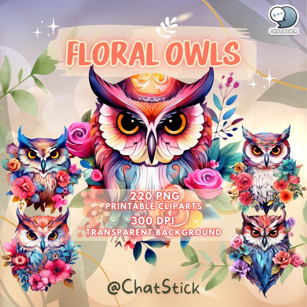 Floral Owls Watercolor Clipart Mega Pack - 220 PNG, 3200x3200, Owl ...