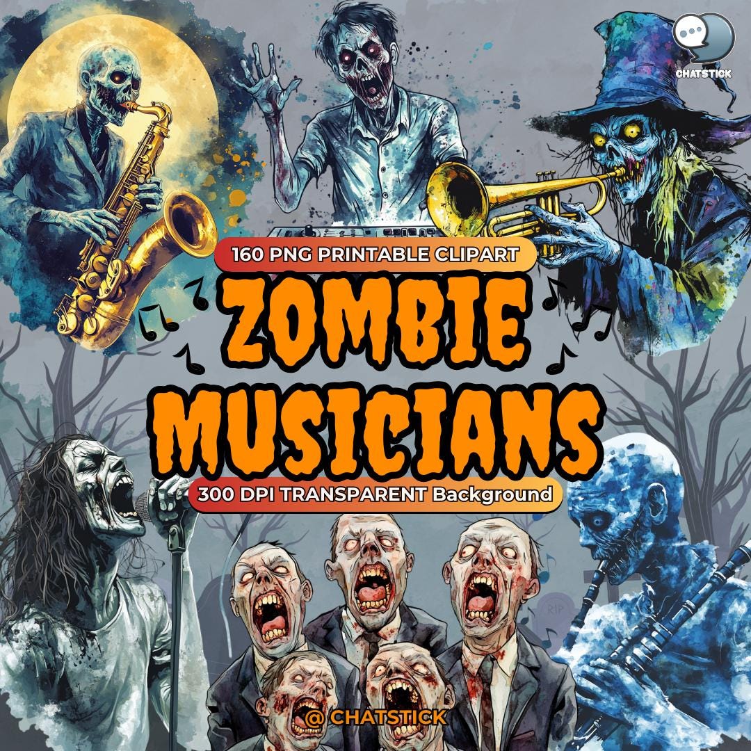 Zombie Musician Cliparts Bundle | 160 PNG Files 300 DPI | Undead ...