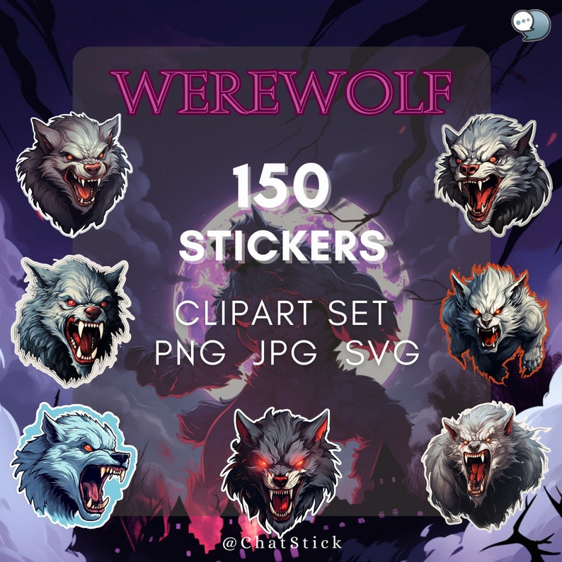 150 Werewolf Digital Stickers Clipart Pack Moonlit Mythical Creatures ...