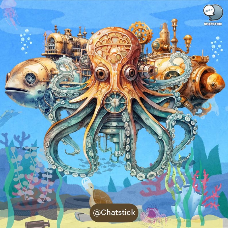 Steampunk Undersea Digital Cliparts - 250 Mechanical Sea Creatures ...