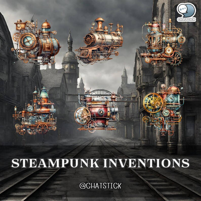 Victorian Steampunk Inventions Mega Pack: 180 Watercolor Clipart, High ...