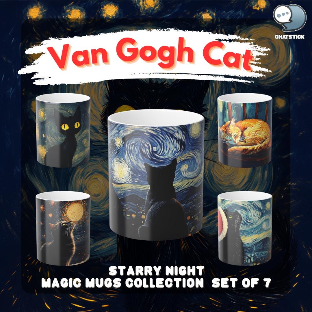 Van Gogh Cat Color Morphing Magic Mug – Starry Night-inspired Heat-reactive Ceramic Mug 11oz ...