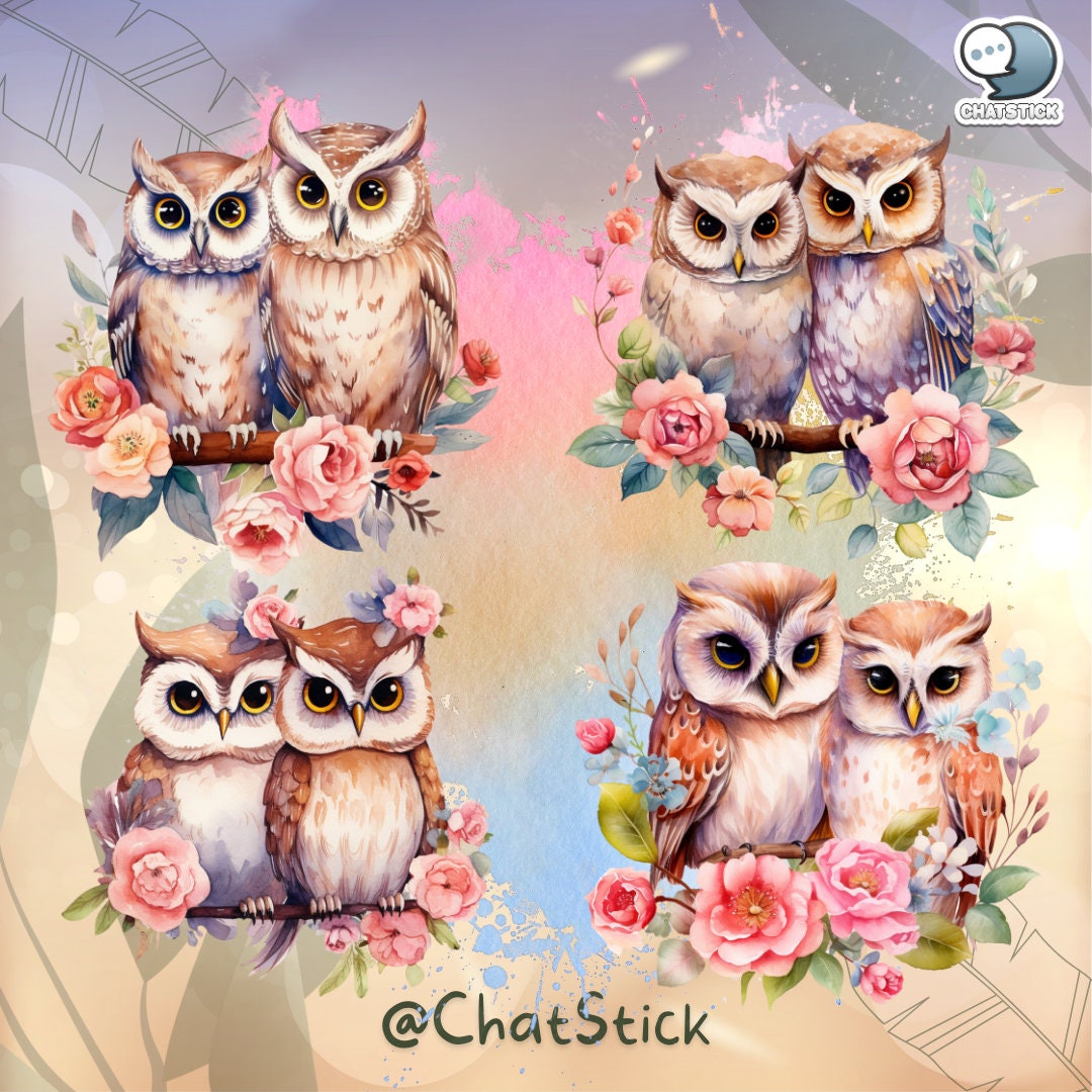 Floral Owls Watercolor Clipart Mega Pack - 220 PNG, 3200x3200, Owl ...