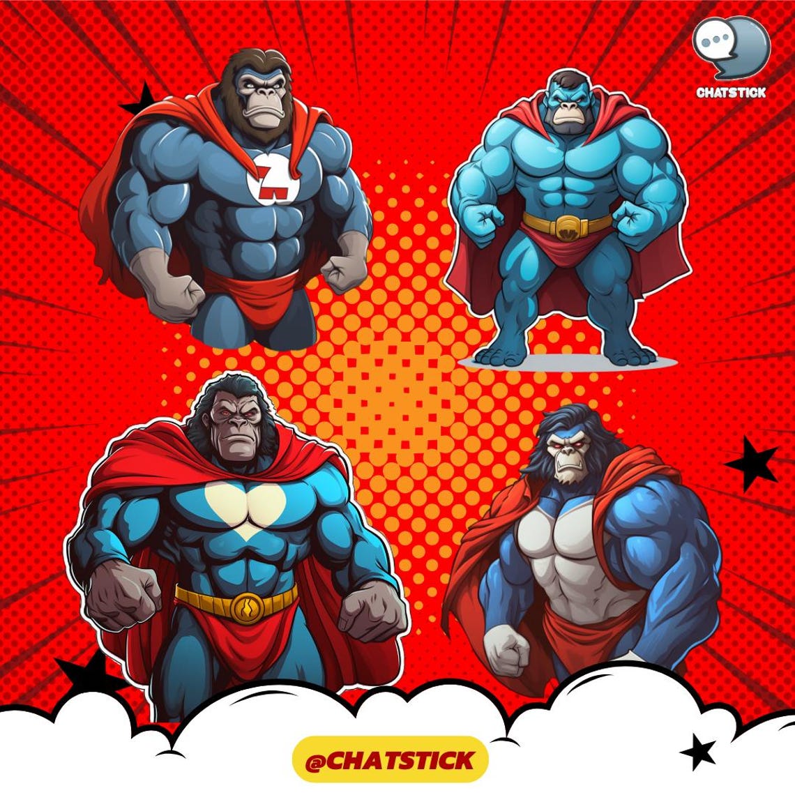 180 Gorilla Superhero Digital Sticker Clipart Pack - Fun and Powerful ...