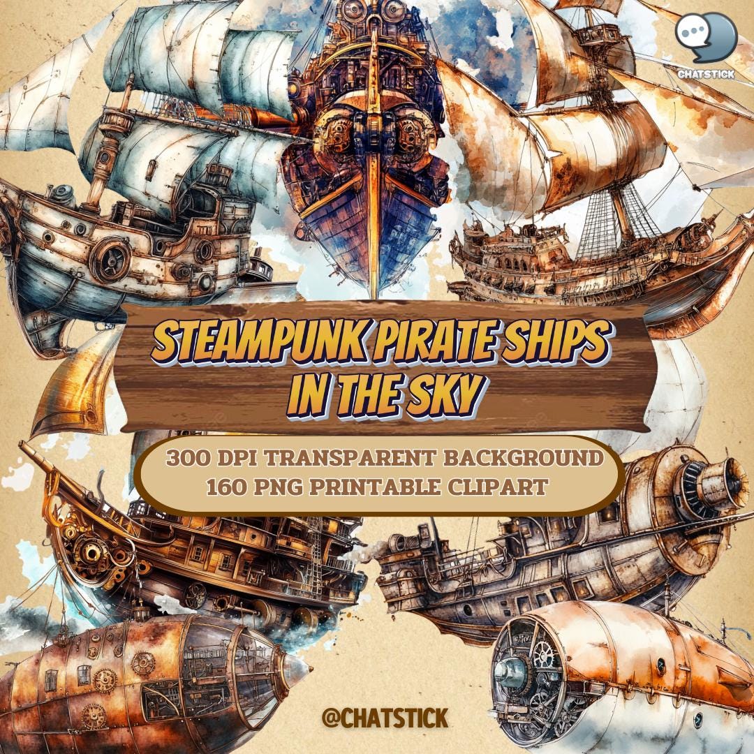 Steampunk Sky Pirates Clipart Bundle | 160 Flying Airships Digital ...
