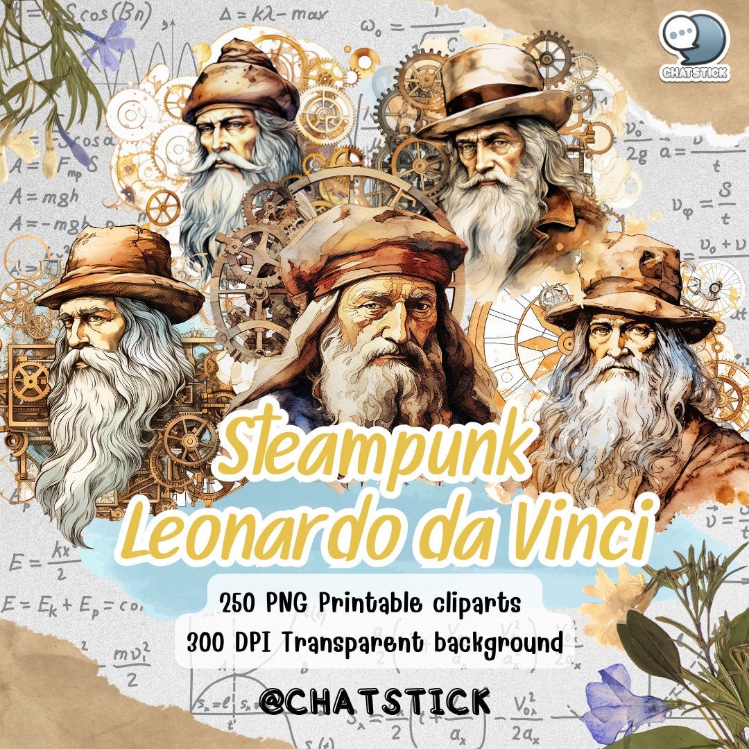 250 Steampunk Leonardo Da Vinci Theme Digital Watercolor Clipart Mega Pack - PNG Printable for ...