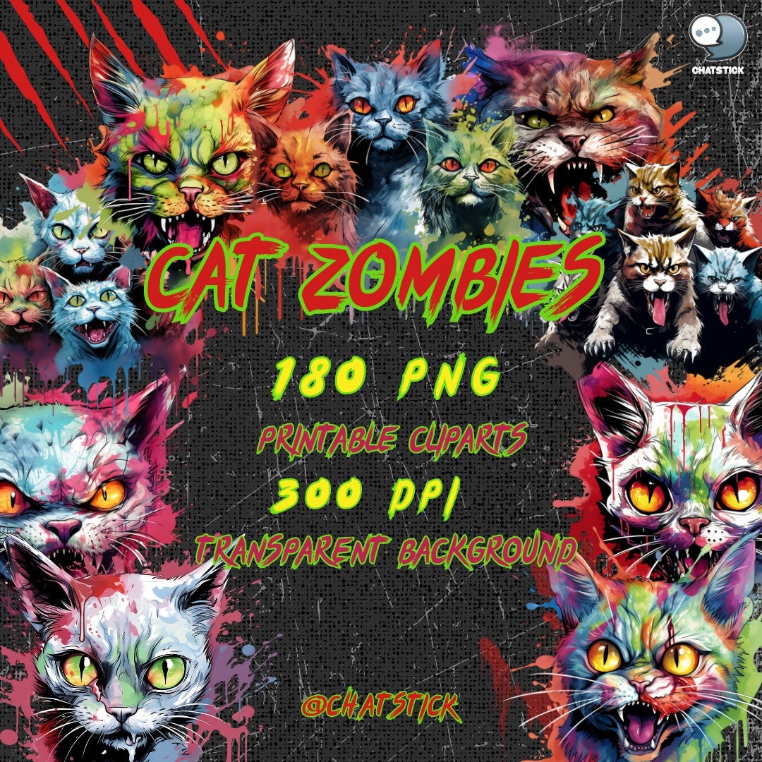 Cat Zombies Watercolor Clipart Mega Pack - 180 PNG ,cats Horror Images ...