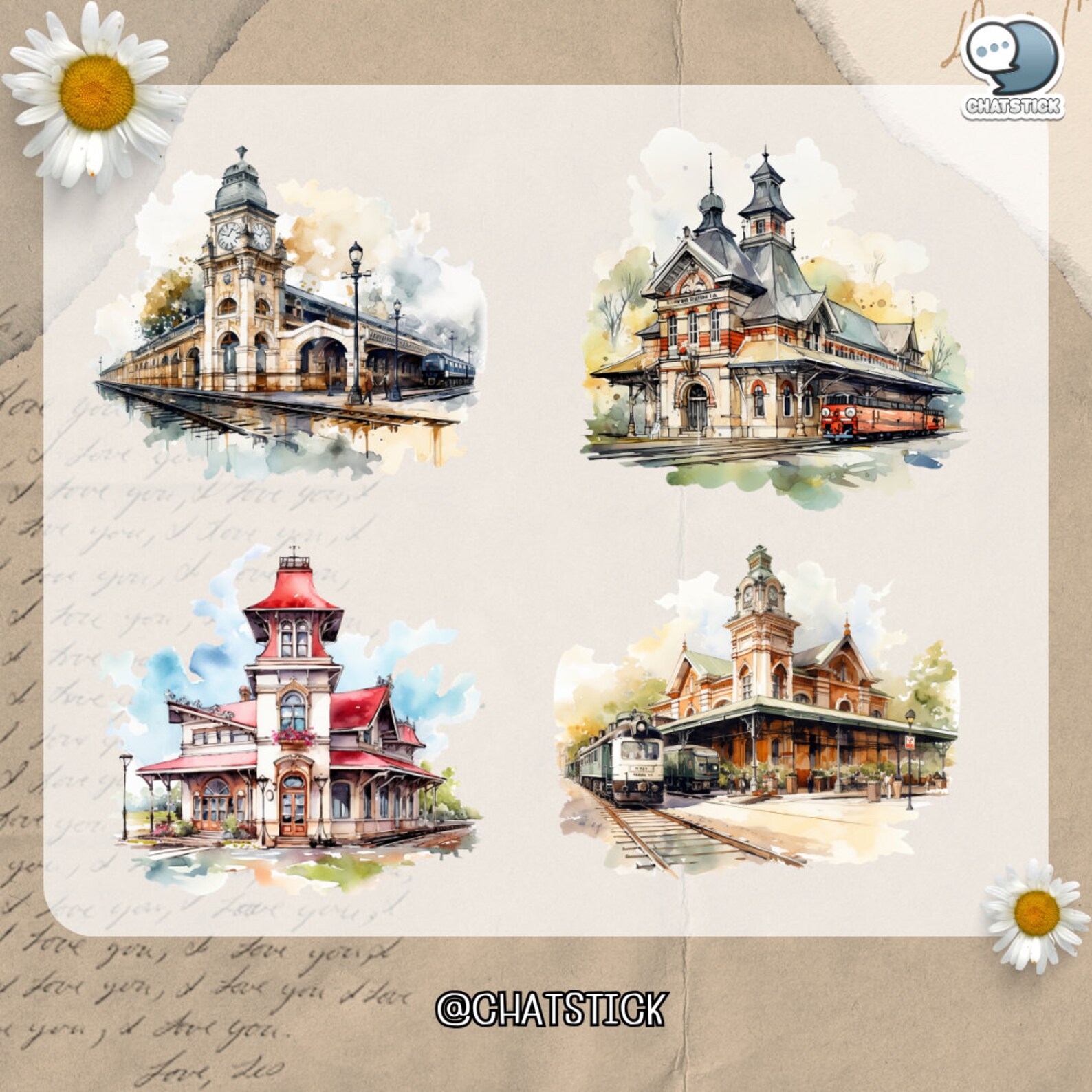 Vintage Train Stations Watercolor Clipart Mega Pack - 120 PNG Prints ...