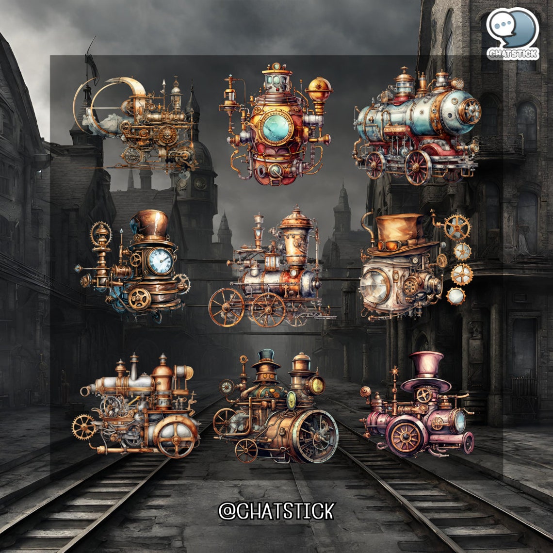 Victorian Steampunk Inventions Mega Pack: 180 Watercolor Clipart, High ...
