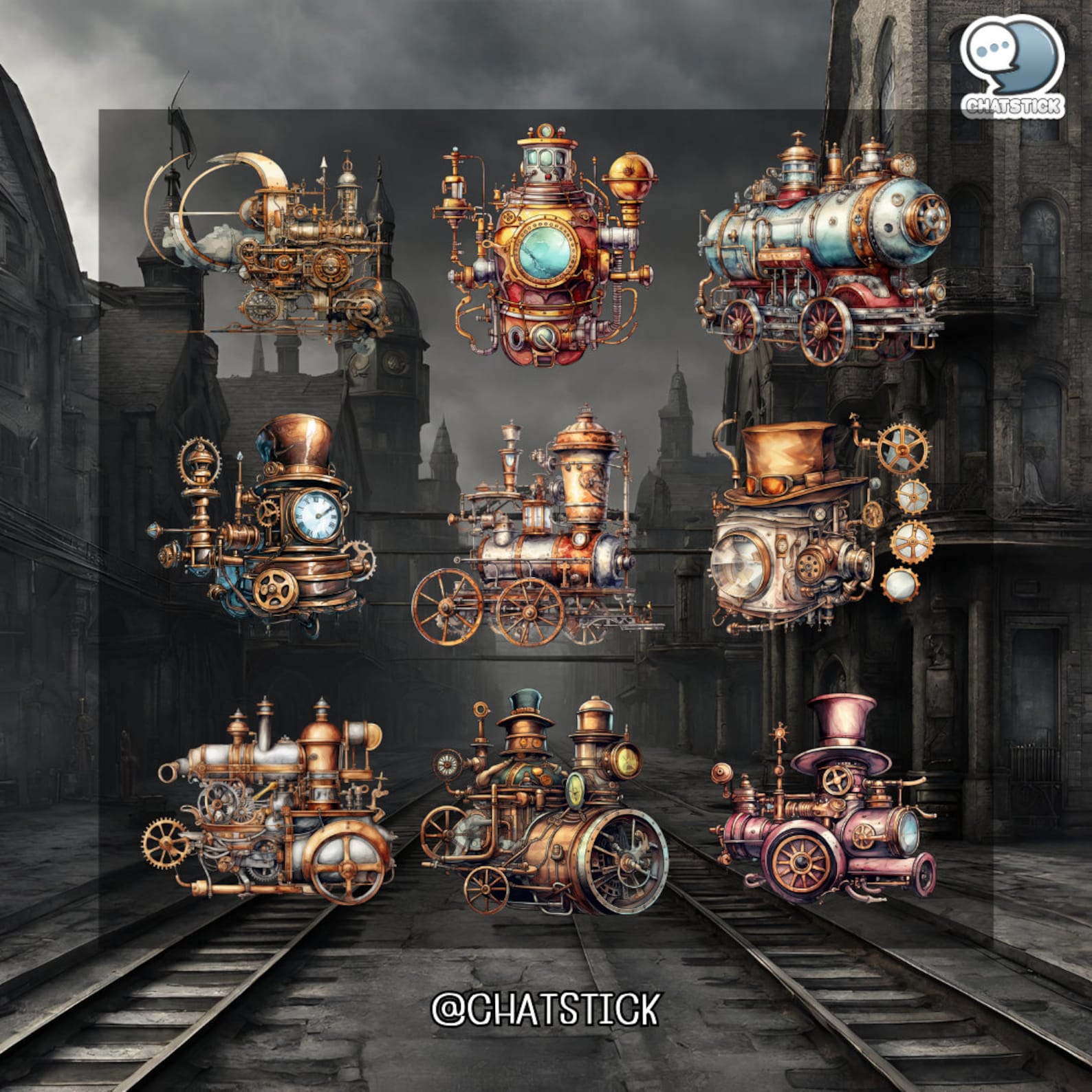 Victorian Steampunk Inventions Mega Pack: 180 Watercolor Clipart, High ...