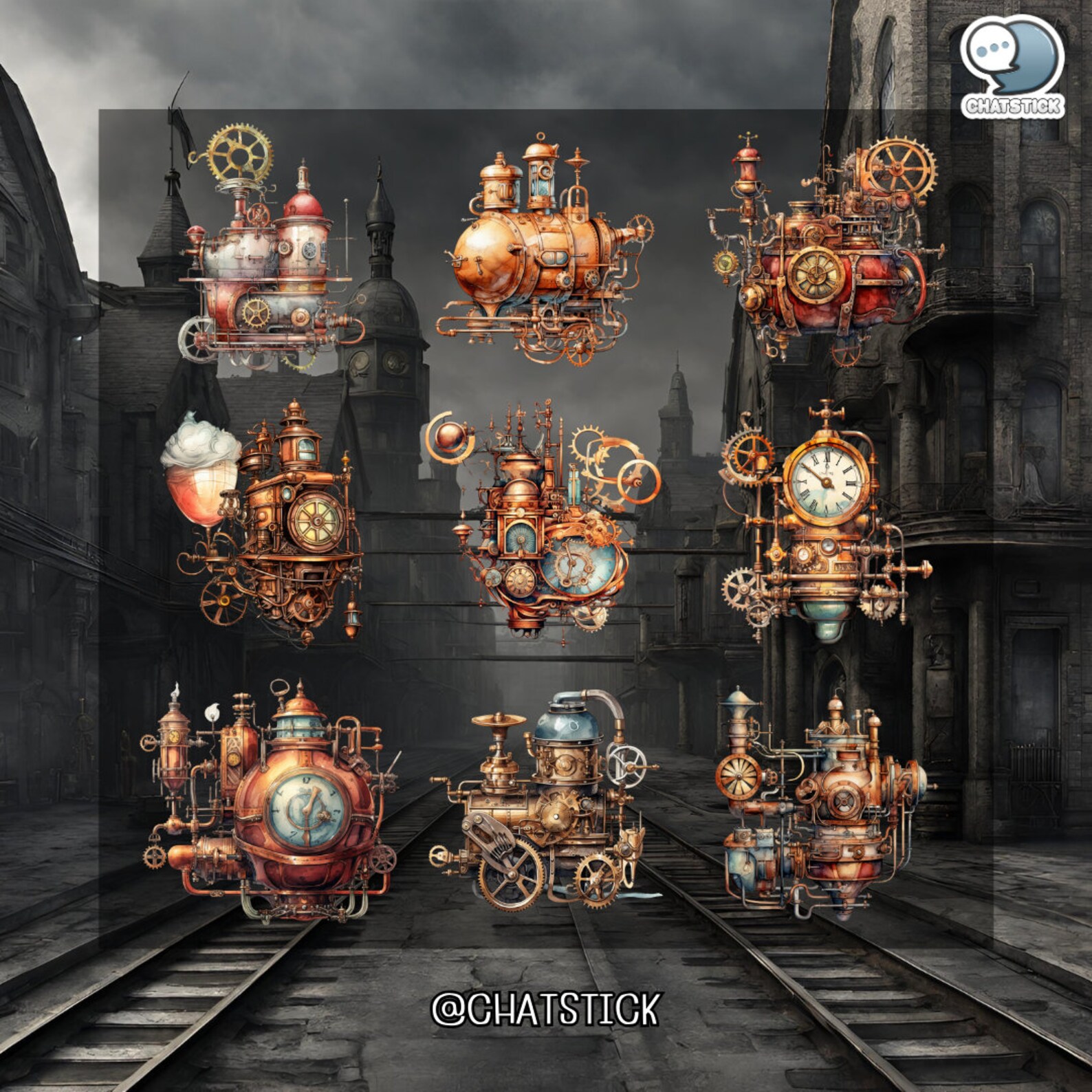 Victorian Steampunk Inventions Mega Pack: 180 Watercolor Clipart, High ...