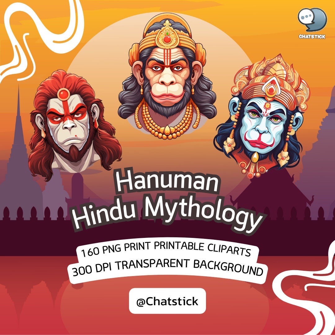 Hanuman Hindu Mythology Digital Sticker Pack 160 PNG Printable Cliparts ...