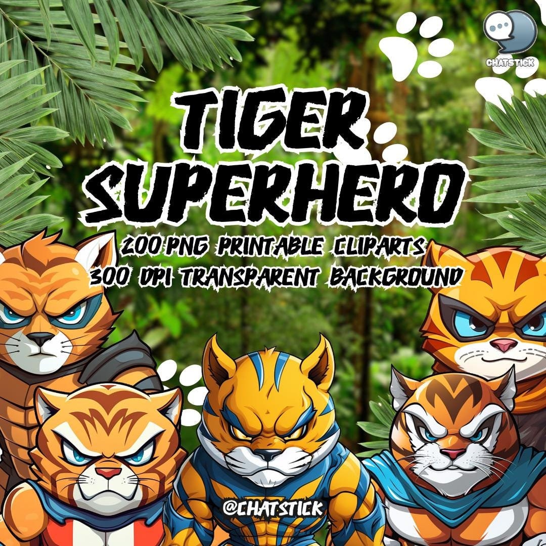 Tiger Superhero Digital Sticker Clipart Pack - 200 Bold & Powerful ...