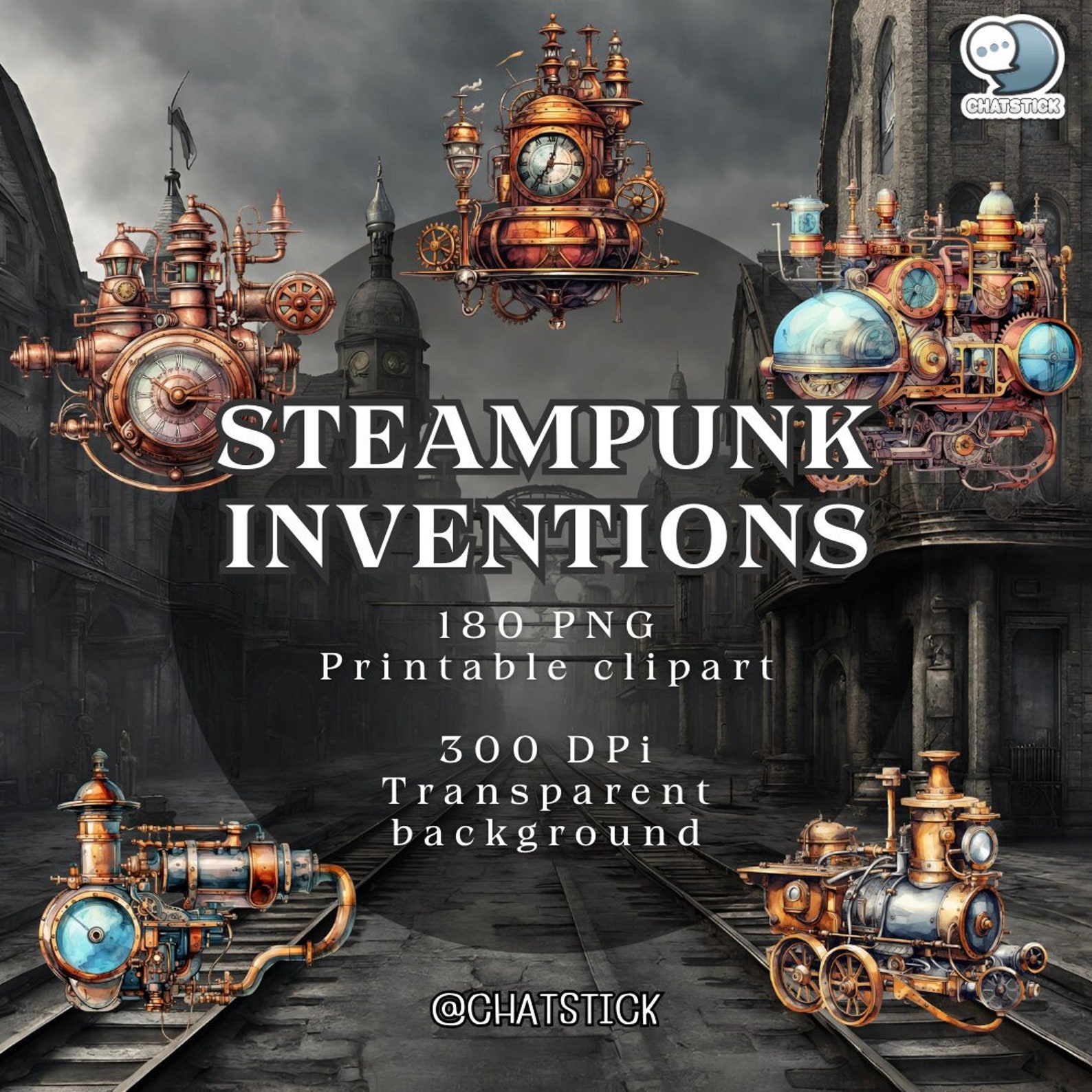 Victorian Steampunk Inventions Mega Pack: 180 Watercolor Clipart, High ...