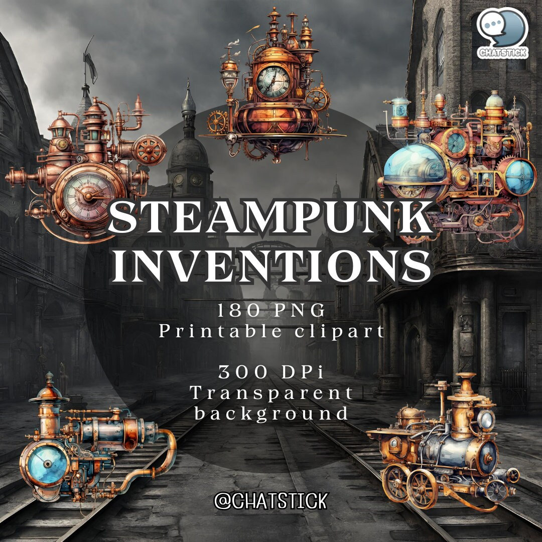 Victorian Steampunk Inventions Mega Pack: 180 Watercolor Clipart, High ...