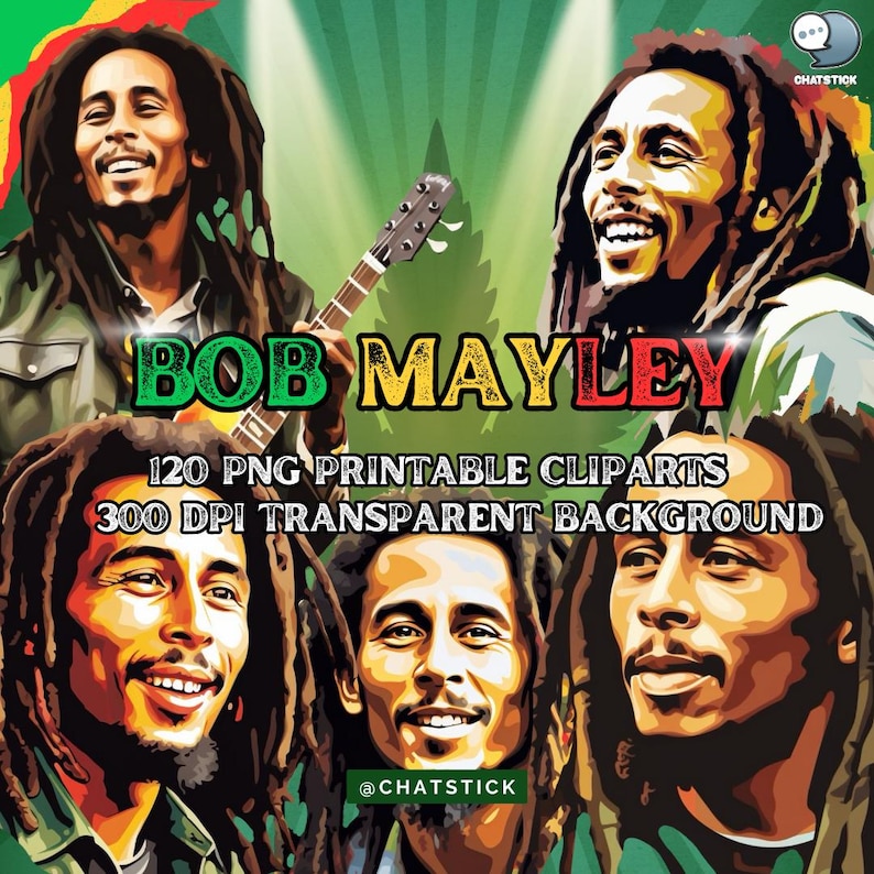 120 Bob Marley Digital Sticker Clipart Pack - PNG Printable Cliparts of ...
