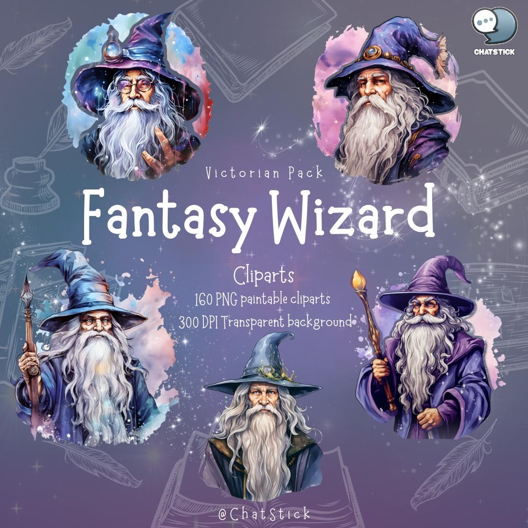 Victorian Fantasy Wizard Clipart - 160 PNG Printable Wizards | 300 DPI ...