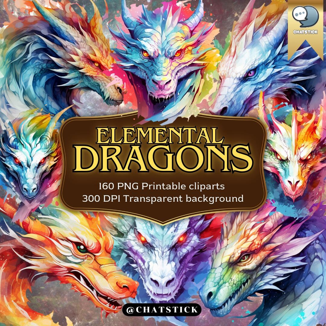 Elemental Dragons Clipart Bundle - 160 Fire, Water, Earth & Air Dragon ...