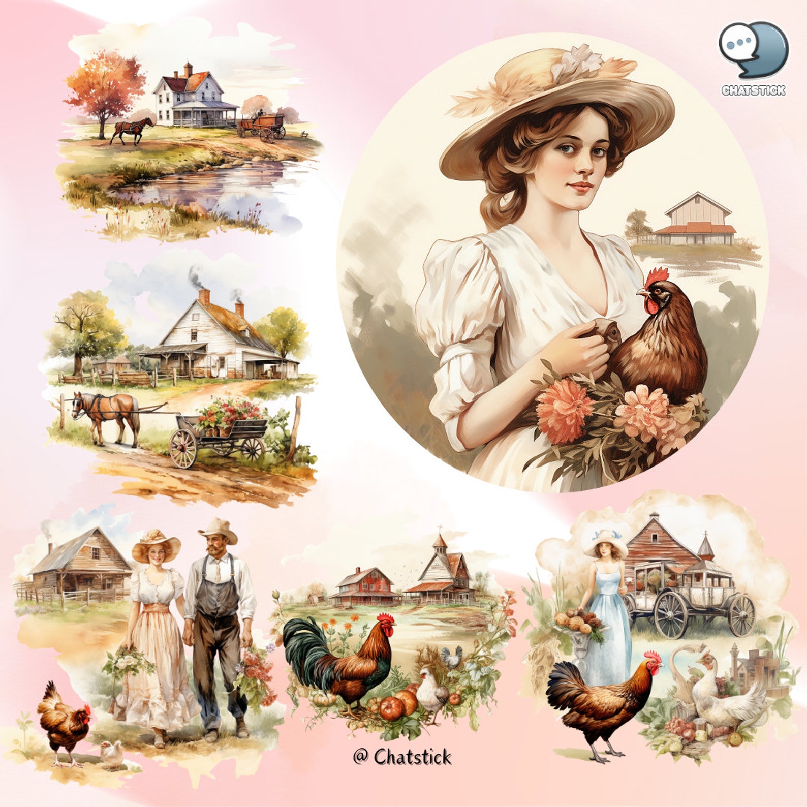 Farmhouse Clipart Bundle: Vintage Farmlife Watercolor Mega Pack - 120 ...